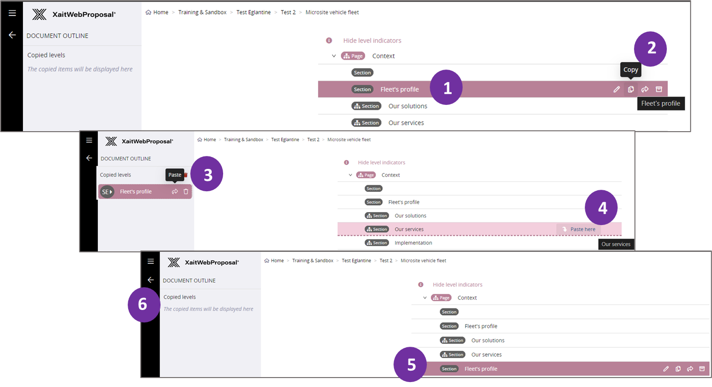 How to copy/paste a section in the Document outline of a microsite ...